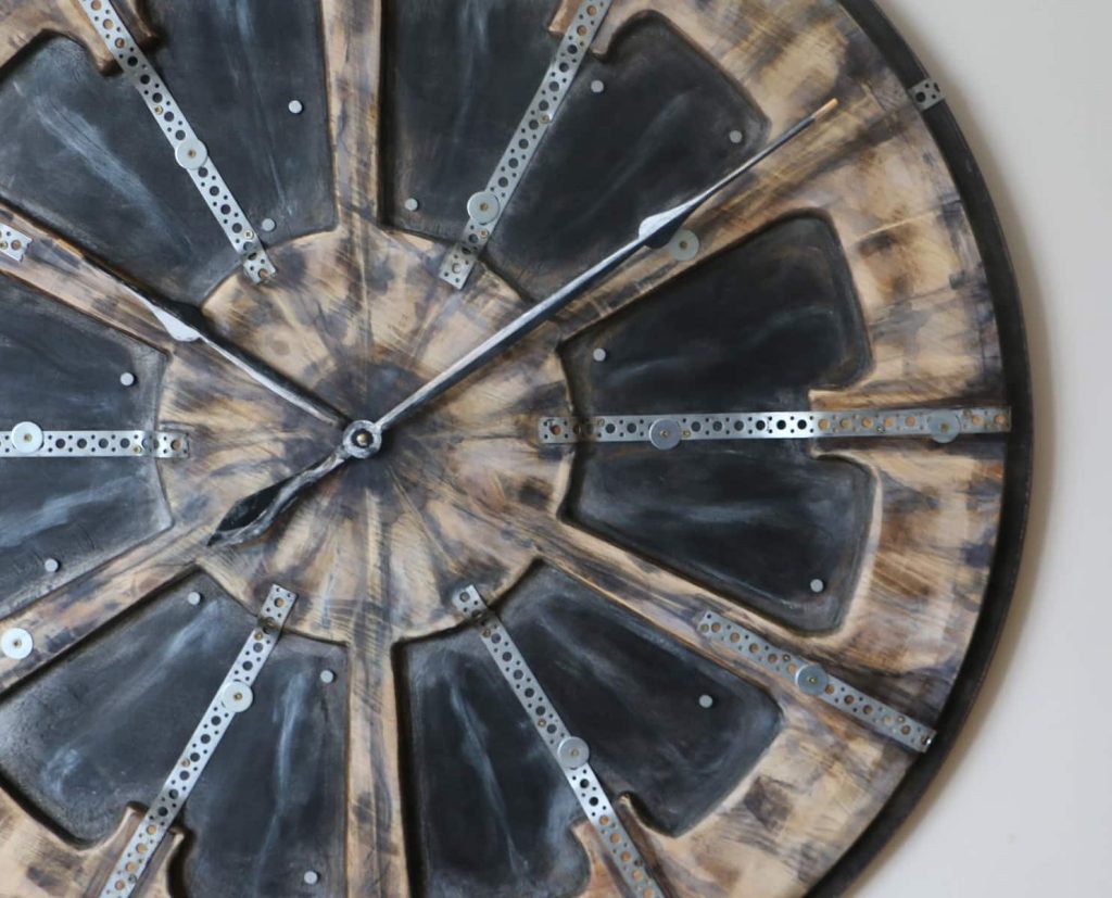 Industrial Style Clock Made of Pine Wood with Metal Elements